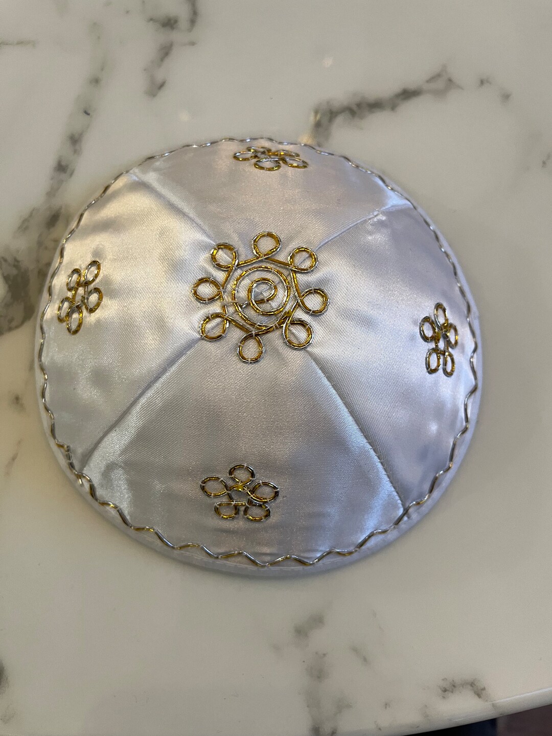 White Satin Kippah With Gold Design and Trim - Etsy