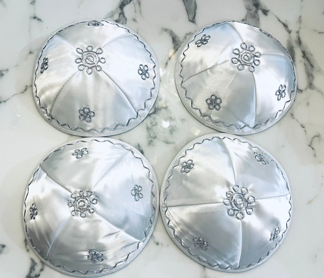 4 Pack White Satin Kippah With Silver Flower Design and Trim - Etsy