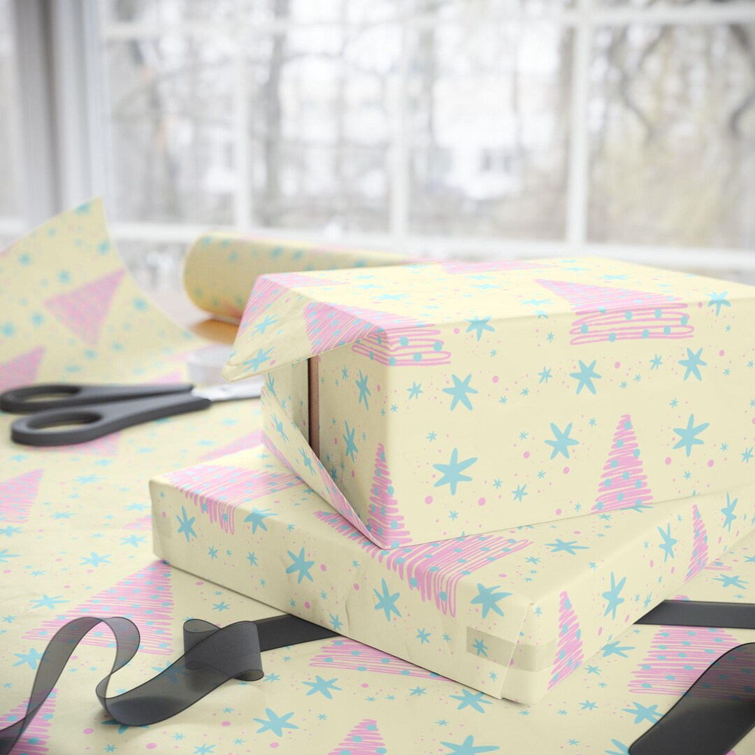 Butter Yellow Cute Pink Tree, Blue Stars Gift Wrapping Paper, Pastel ...