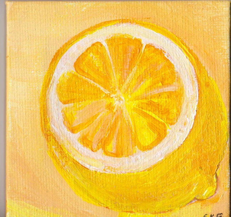 Lemon painting lemon mini canvas art small lemon artwork | Etsy