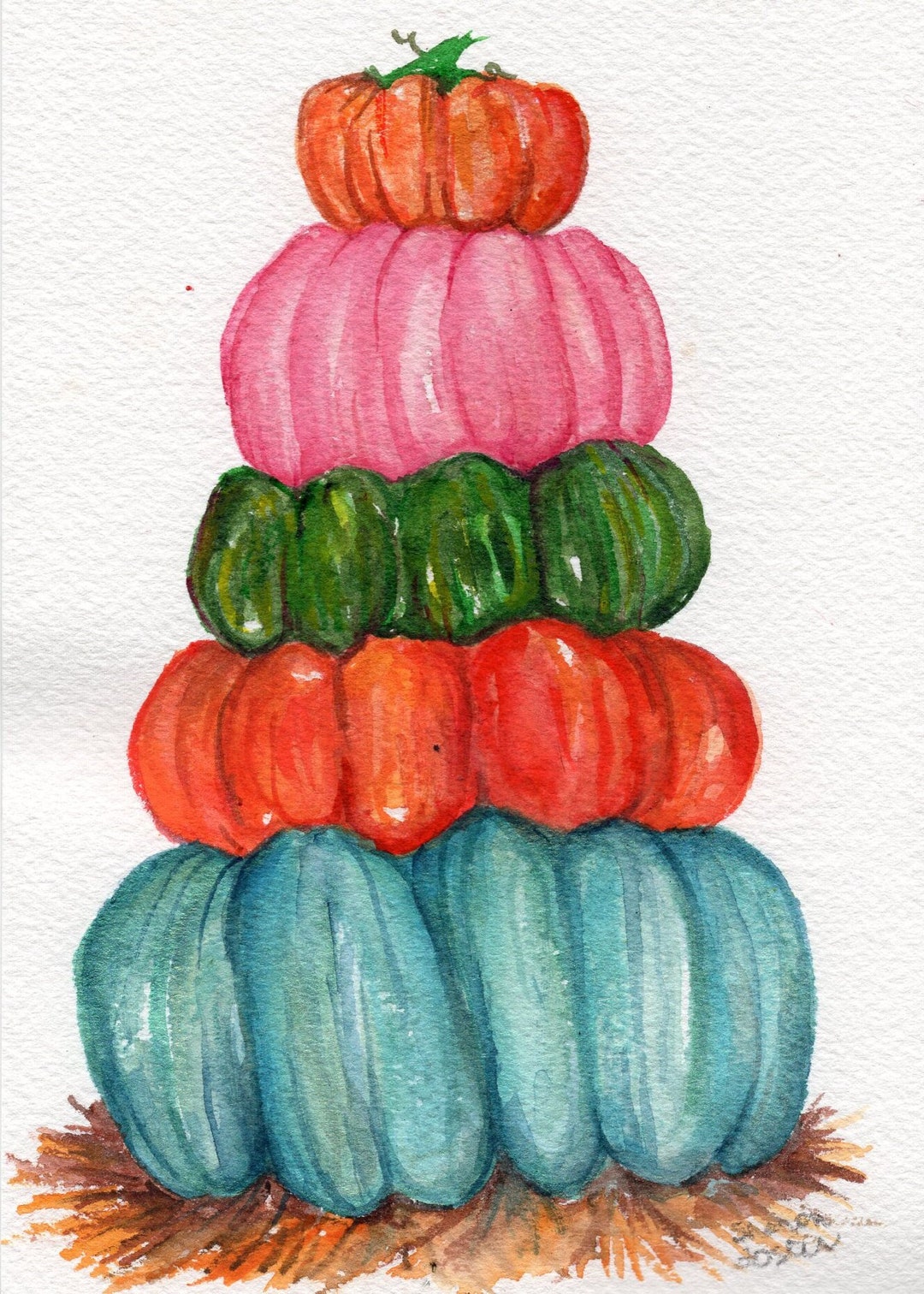 Original Pumpkins Stack Watercolor Painting, Fall, Halloween Artwork ...