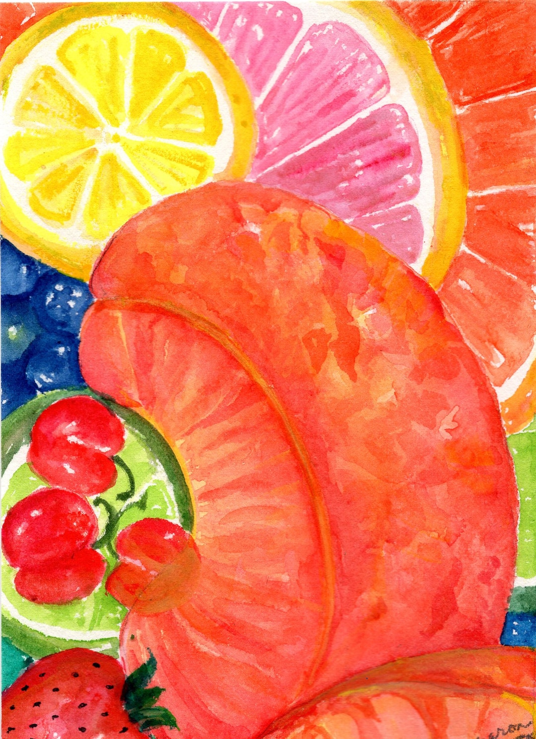 Original Citrus Watercolor Painting, Cherries, Clementine, Grapefruit ...
