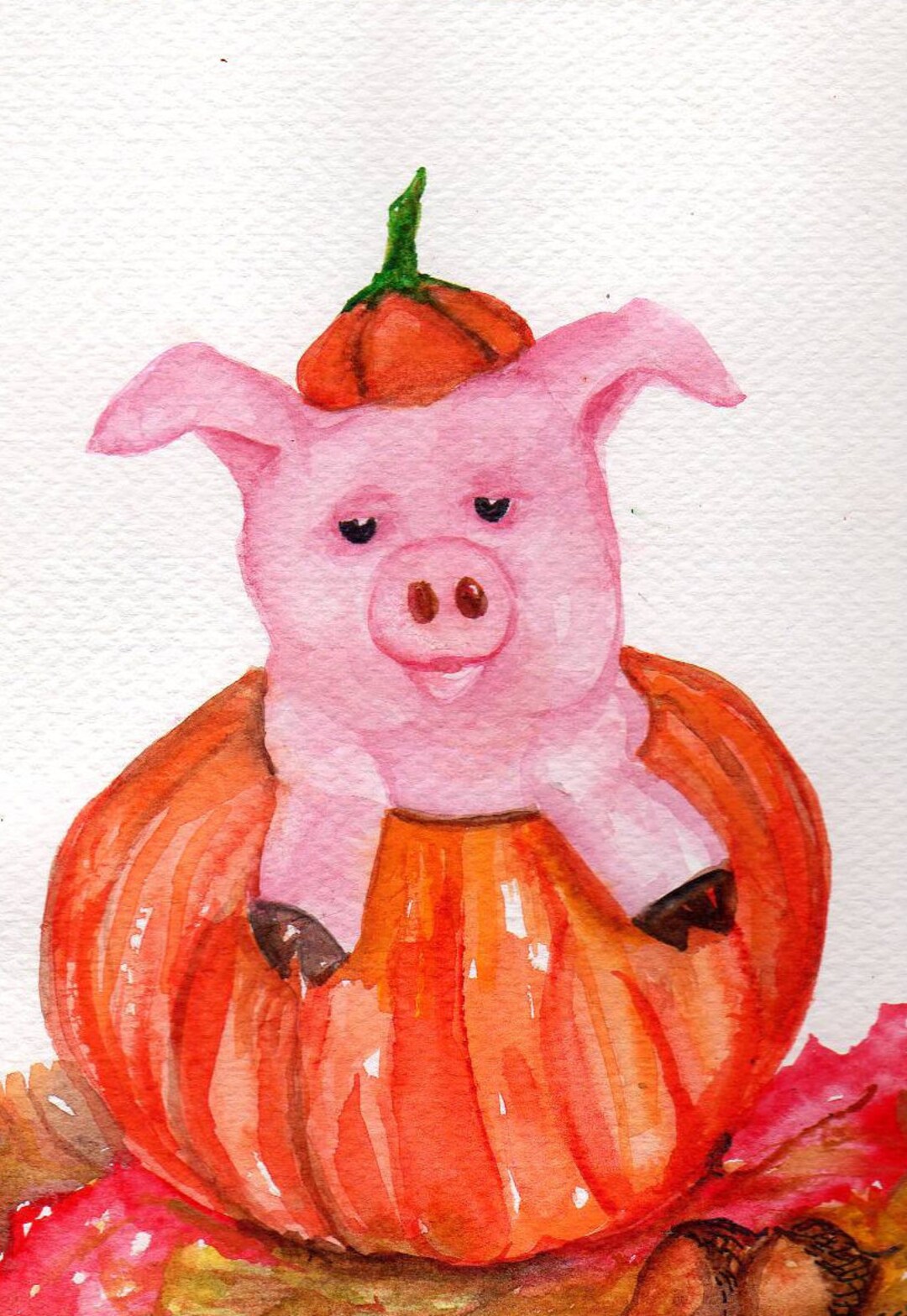 Pig in Pumpkin Original Watercolor Painting, Fall Decor, Halloween Wall ...