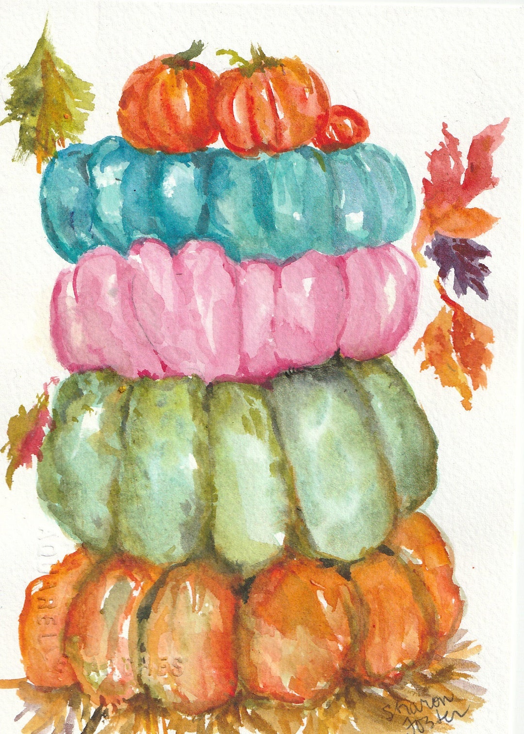Original Pumpkins Stack Watercolor Painting, Harvest Decor, Fall ...