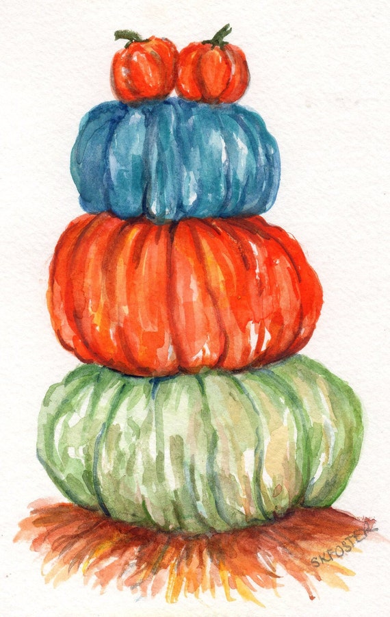 Pumpkins stack watercolor painting original Thanksgiving home | Etsy