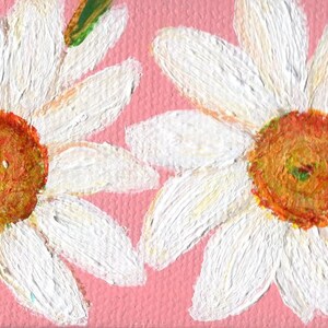 White Shasta Daisy Mini Canvas Painting, Pink Daisy Flower Art 2 X 4 ...