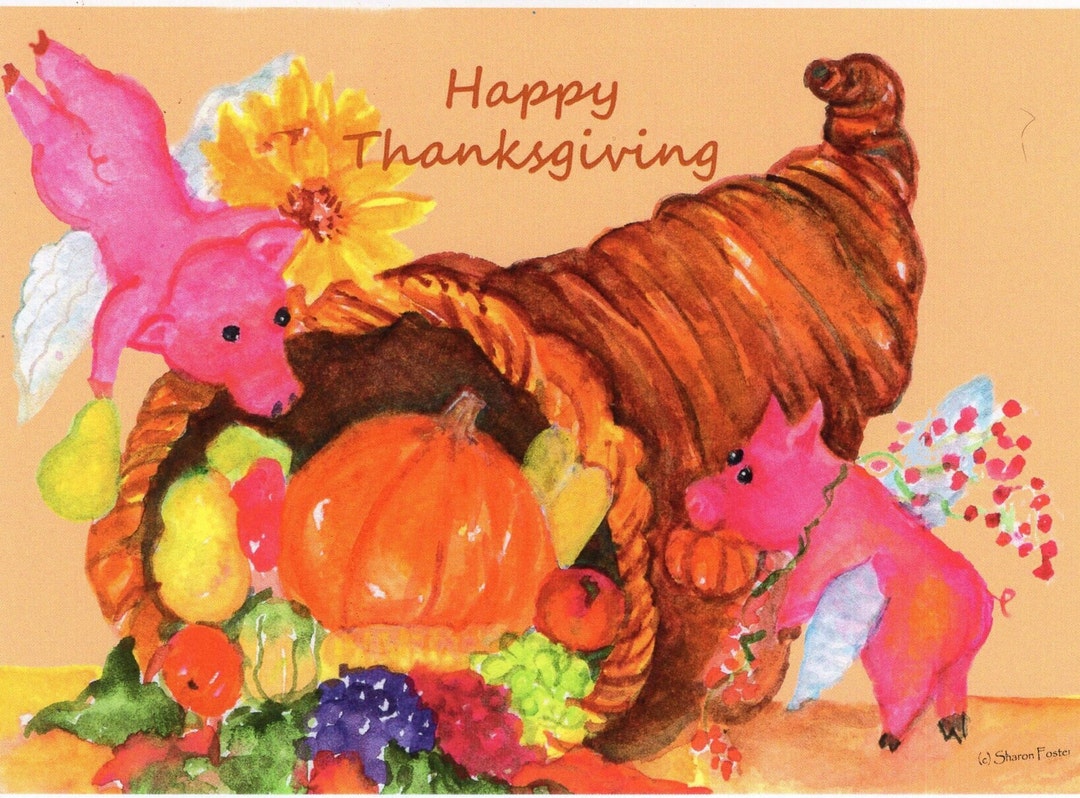 Happy Thanksgiving Card, Pair of Flying Pigs, Cornucopia Greeting Card ...