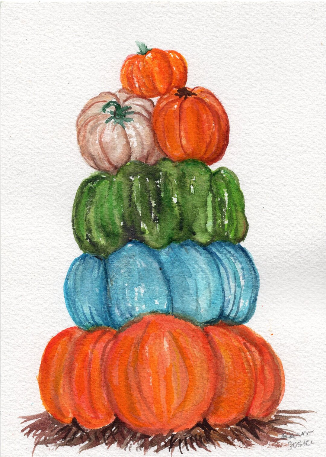 Colorful Pumpkins Stack Watercolor Painting Original, Pumpkin Patch ...