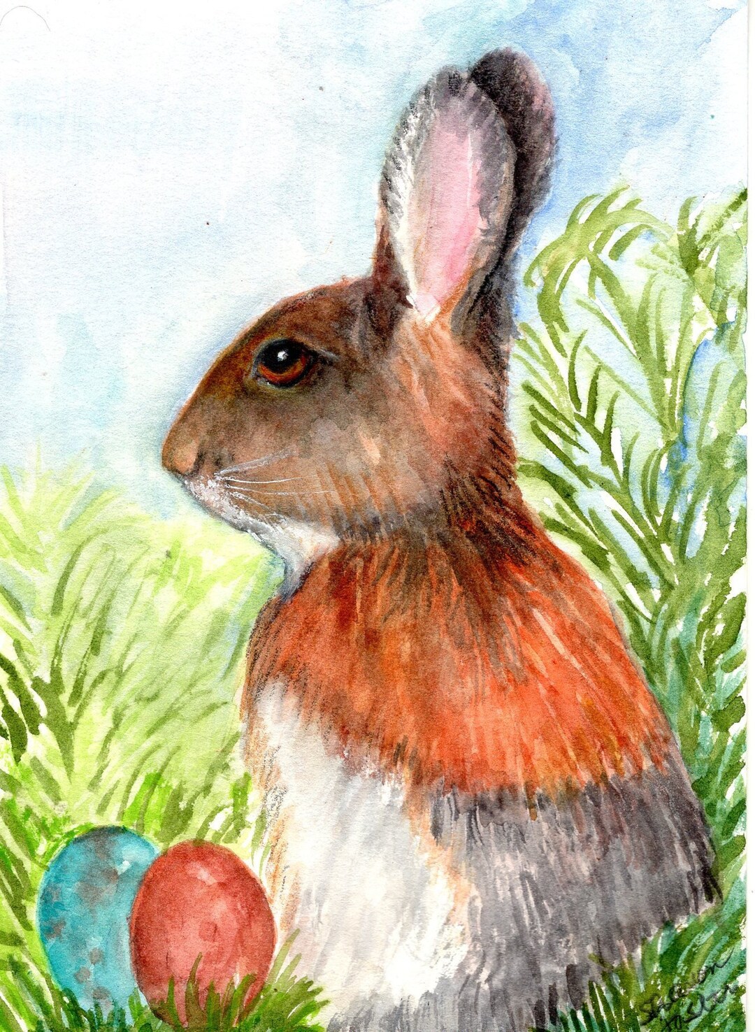 Original Rabbit Watercolor Painting, Natural Colored Eggs 5 X 7, Gift ...