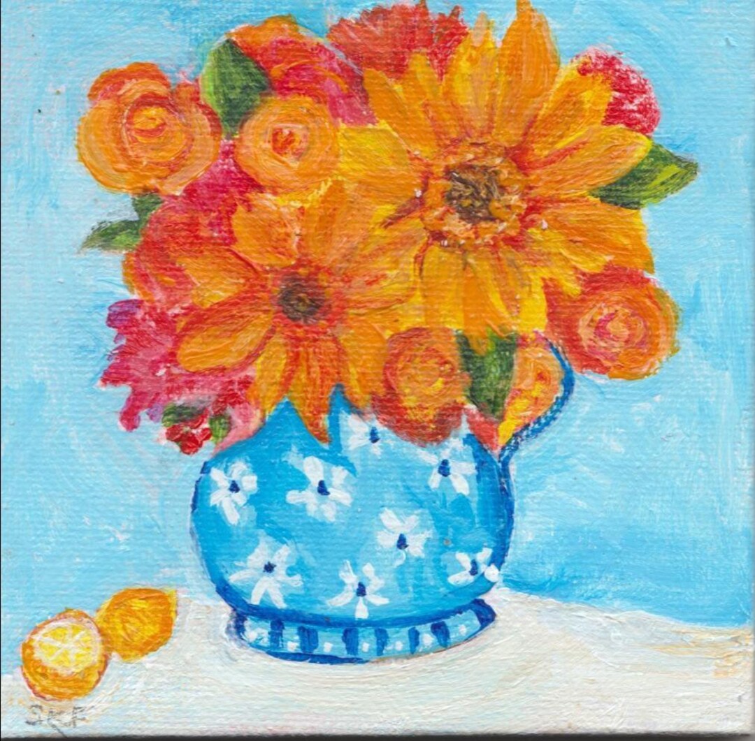4x4 Flower Bouquet, Blue & White Vase Acrylic Painting Original, Mini ...