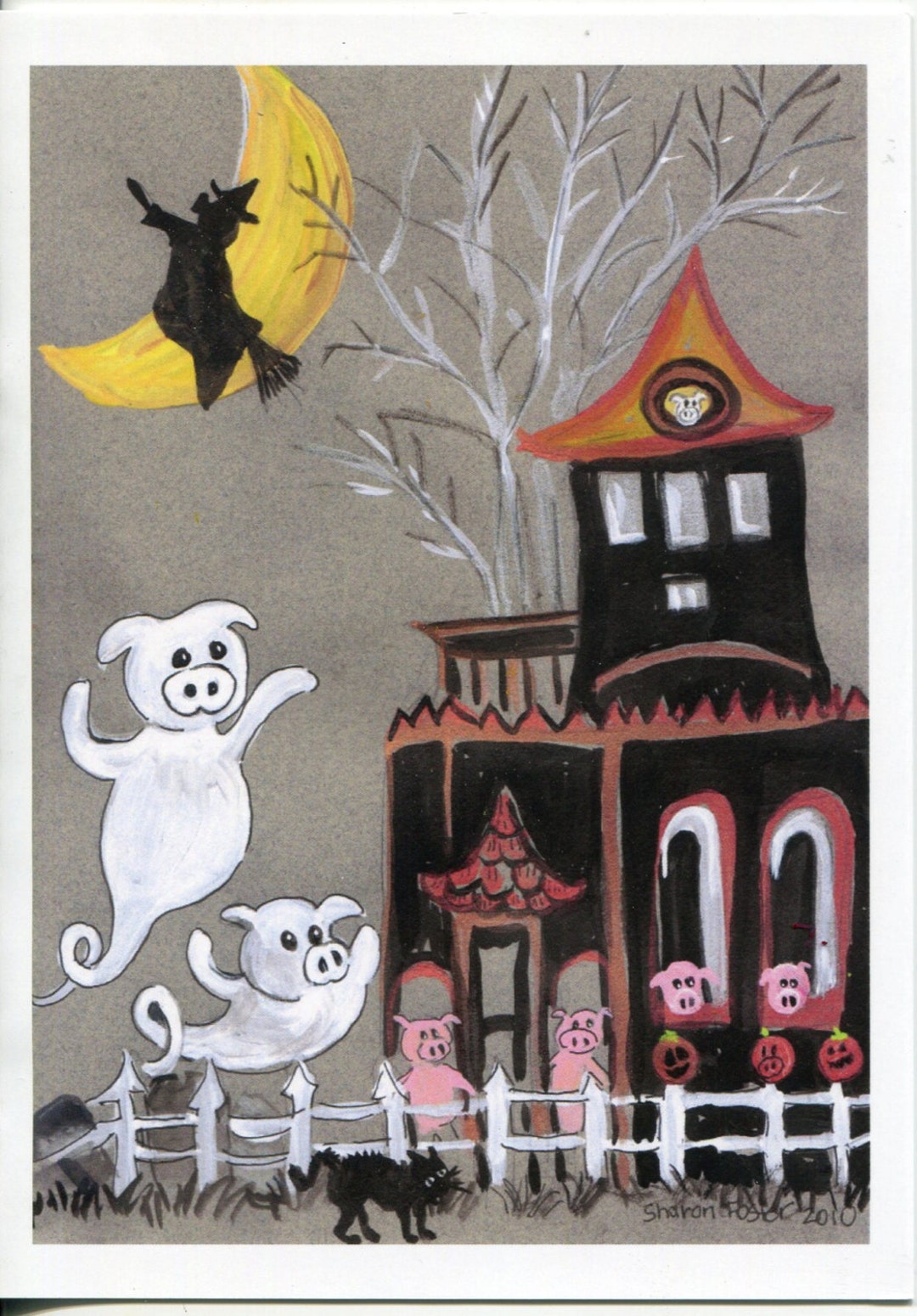 Funny Ghost Pig Halloween Card: Spooky Haunted House Art - Etsy