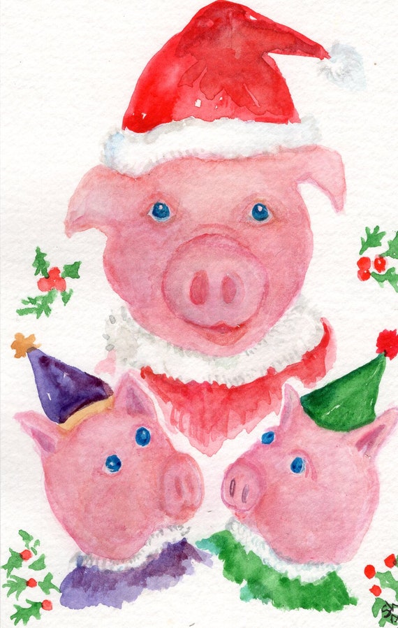 Original Santa Pig elves watercolor painting 4 x 6 Christmas | Etsy