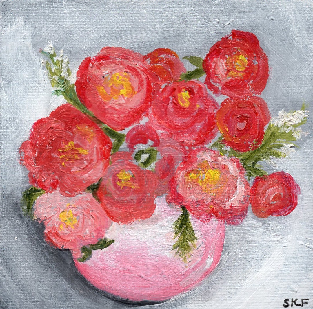 Roses Mini Canvas Painting Original, Easel 4 X 4 Miniature Acrylic ...