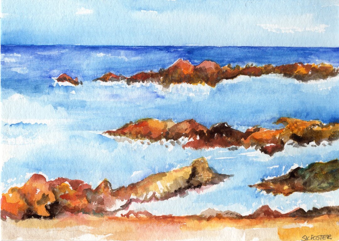 Aruba Coastal Watercolor: Minimalist Seascape Original Painting for ...