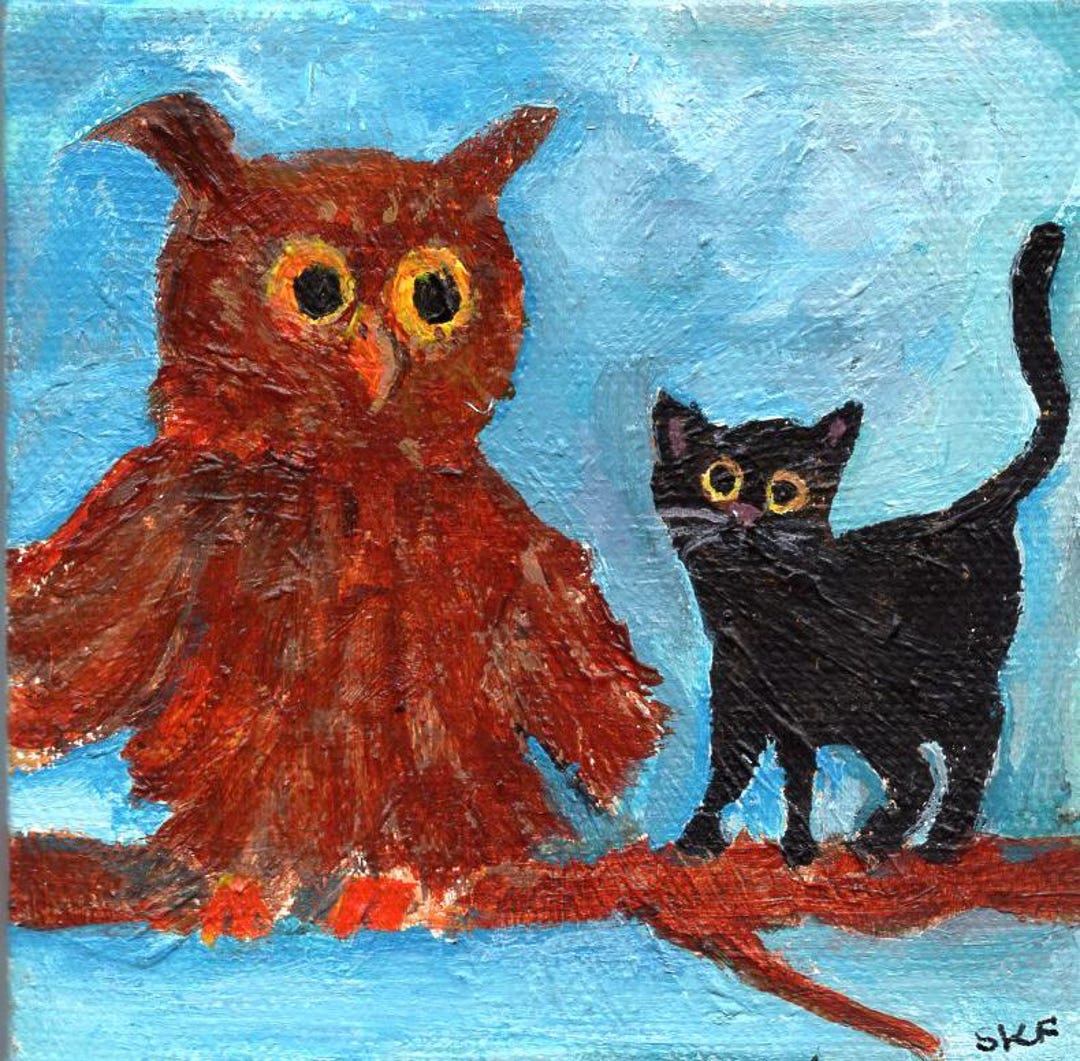 Original Black Cat and Owl 4x4 Mini Painting, Canvas With Easel, Mini ...