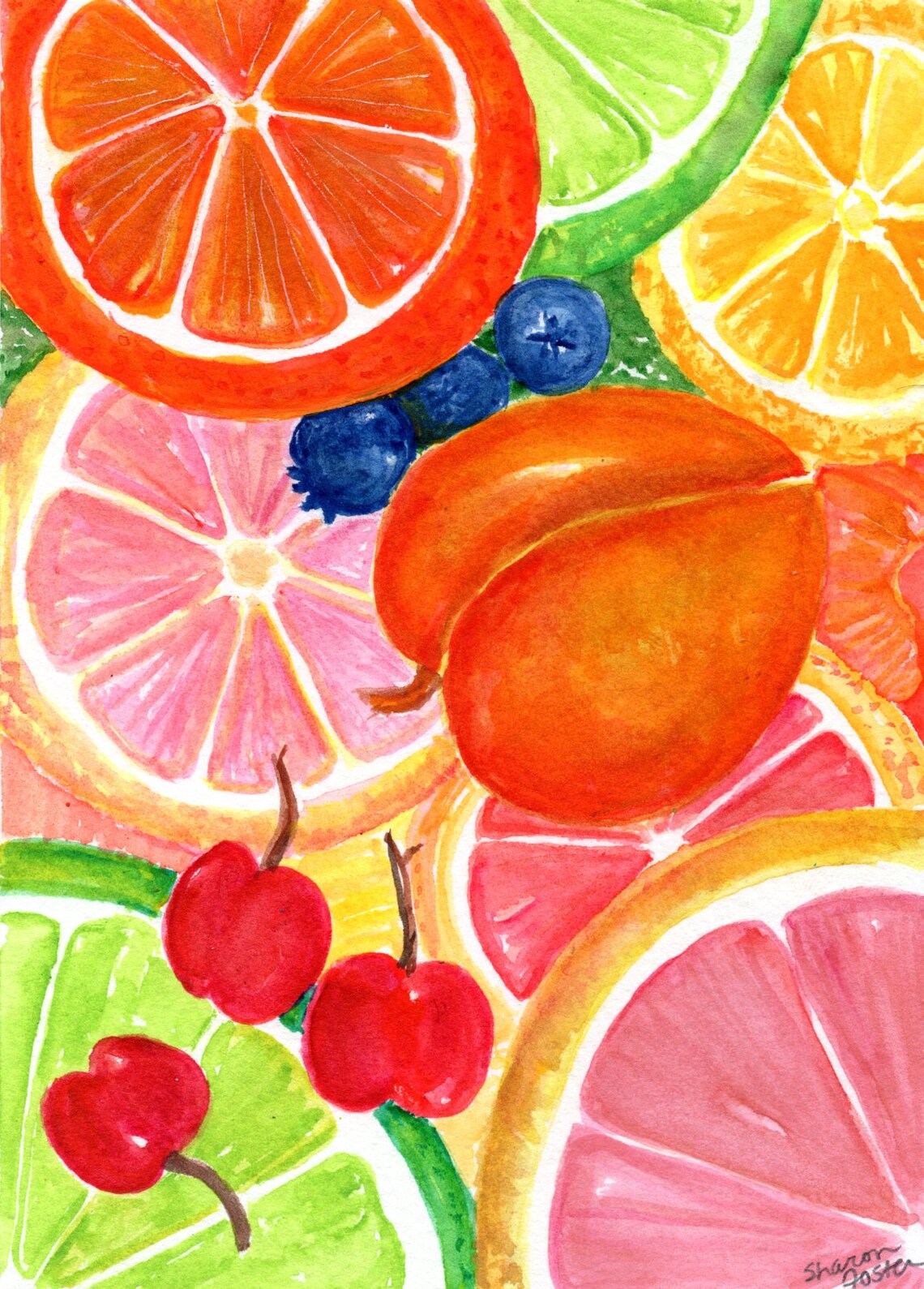 Original Citrus Watercolor Painting Cherries Peach Orange - Etsy