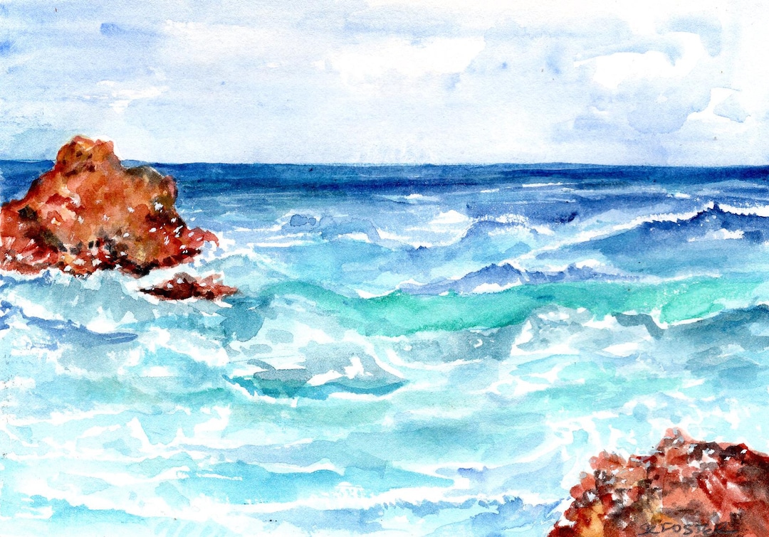 Aruba Original Watercolor Painting, Ocean View Art, Minimalist Seascape ...