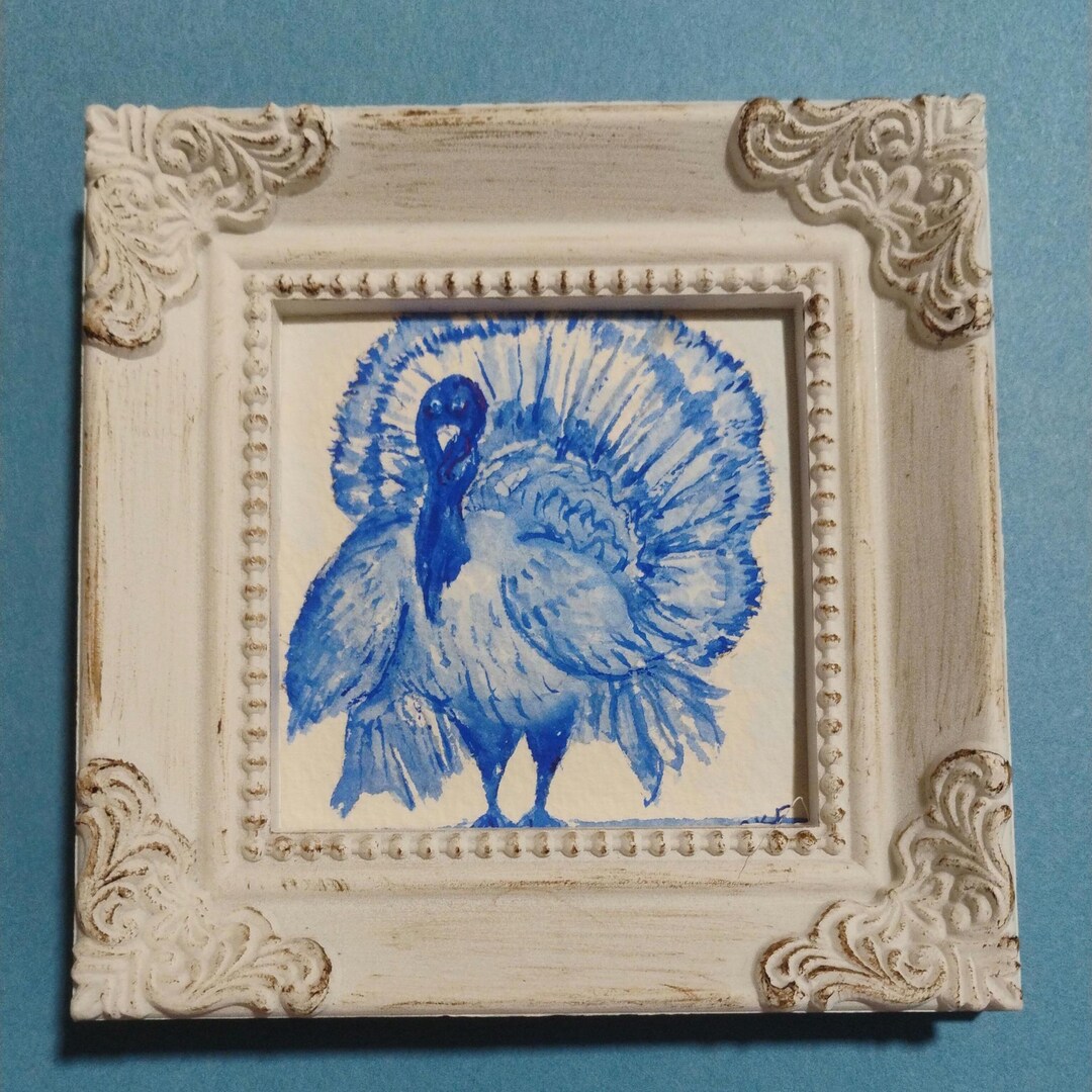 Blue & White Turkey Original Thanksgiving Miniature Gouache Painting ...