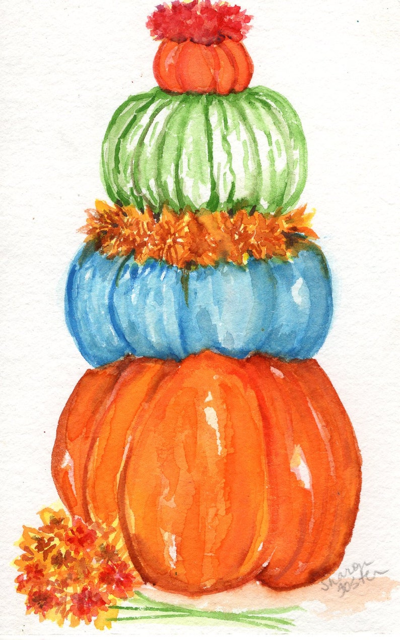 Mums Pumpkins Stack Watercolor Painting Original - Etsy
