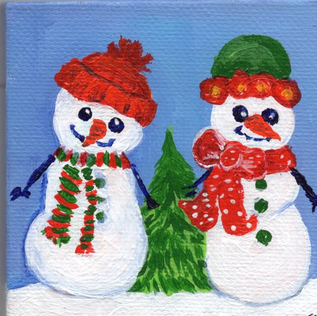 Snow Man Painting, Snow Woman Painting, Snowman Art, Christmas Mini ...
