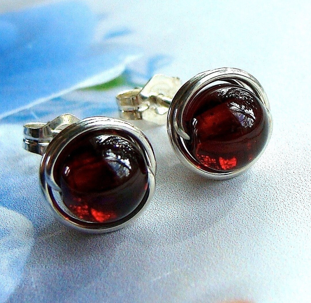 6mm Garnet Studs Garnet Earrings Wire Wrapped in Sterling Silver Post ...