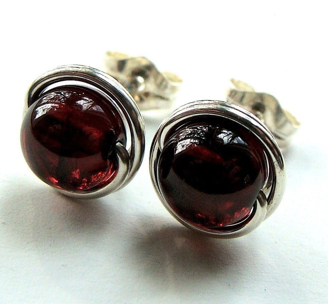 6mm Garnet Studs Garnet Earrings Wire Wrapped in Sterling Silver Post ...