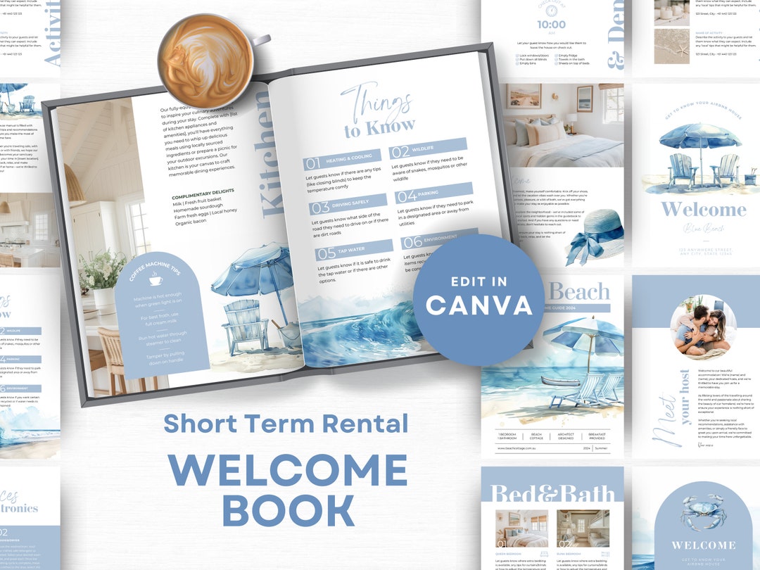 Coastal Beach House Welcome Book: Editable Canva Template (digital ...