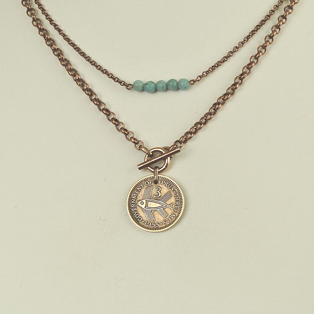 Cyprus Coin Necklace Set: 1955 Flying Fish Coin & Jasper Bead - Etsy