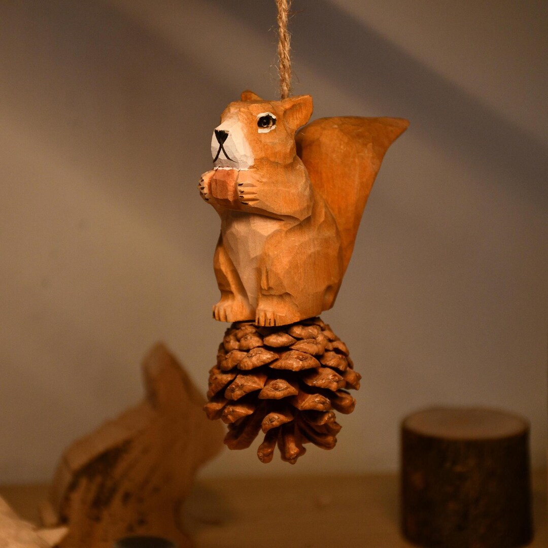 Hand-carved Wooden Squirrel Ornament: Rustic Tree Decoration Christmas ...