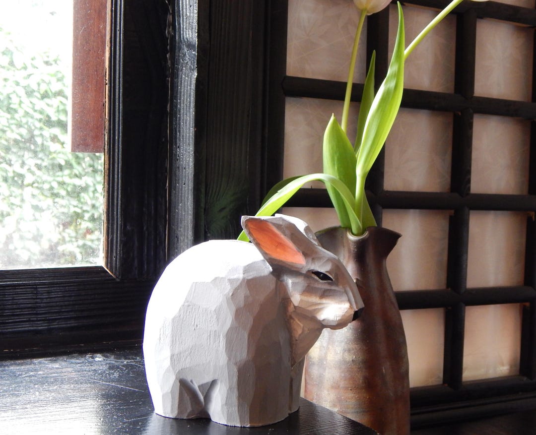 Hand-carved Wooden Grey Rabbit Piggy Bank – Animal Coin Bank, Handmade ...