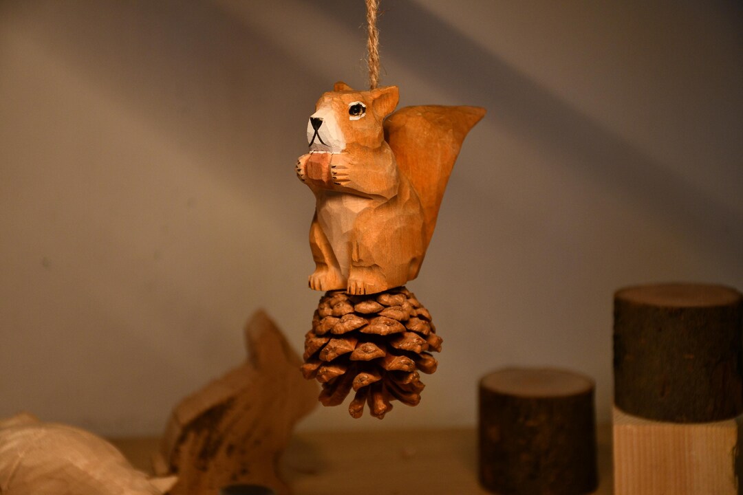 Hand-carved Wooden Squirrel Ornament: Rustic Tree Decoration Christmas ...
