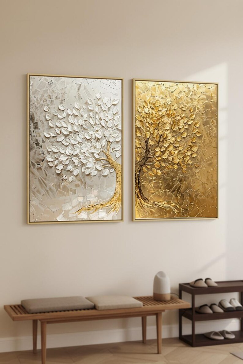Tree of Prosperity Canvas Prints | Gold & White Abstract Wall Art (set ...