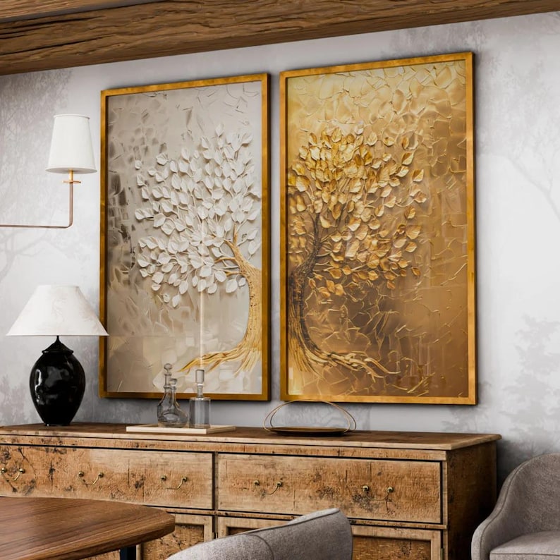 Tree of Prosperity Canvas Prints | Gold & White Abstract Wall Art (set ...