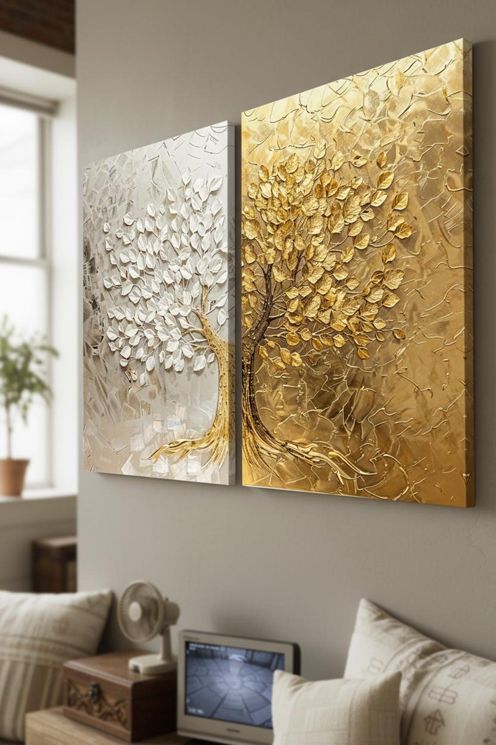 Tree of Prosperity Canvas Prints | Gold & White Abstract Wall Art (set ...