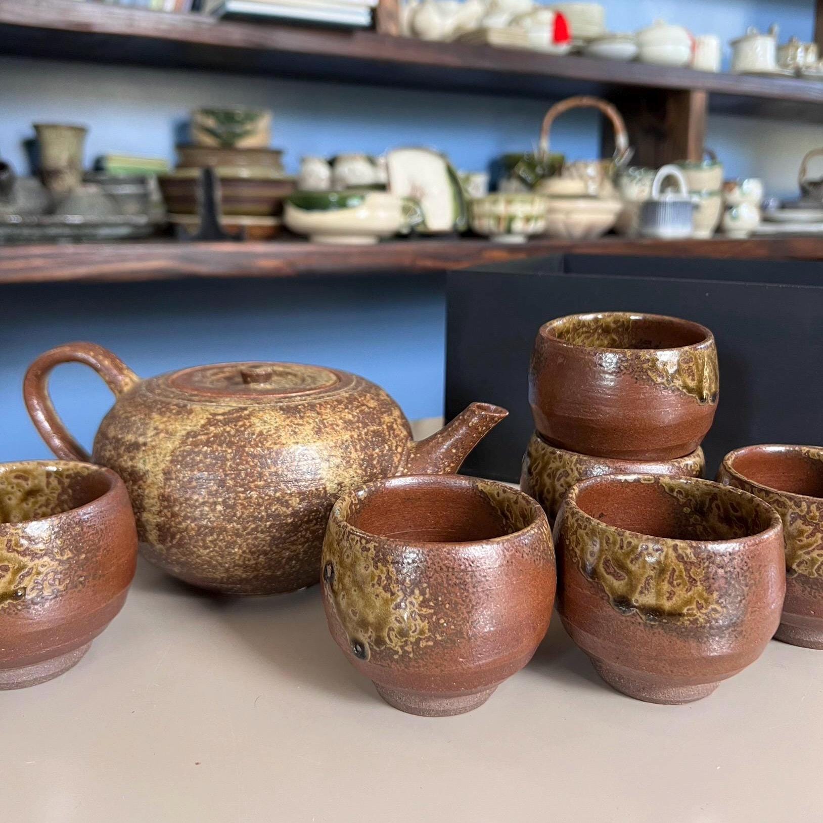 Collectible Japanese Tea Set | Rustic Brown and Green Glazed Ceramic ...