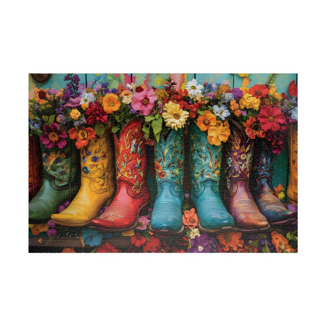 Puzzle, Colorful Cowboy Boots and Flowers Jigsaw, Western Theme Jigsaw ...