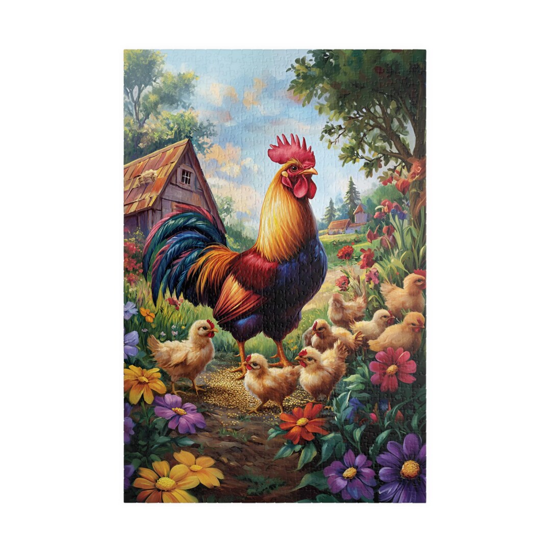 Farm Animal Chicken Puzzle: Rooster & Chicks Artwork - Etsy