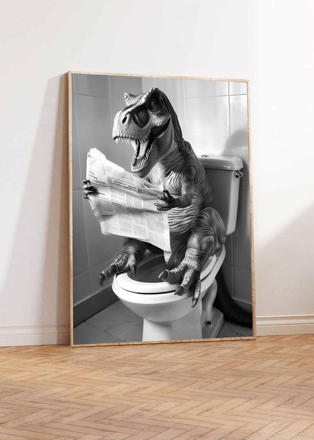 T-Rex Dinosaur on Toilet Printable Wall Art / Dino Reading Paper ...