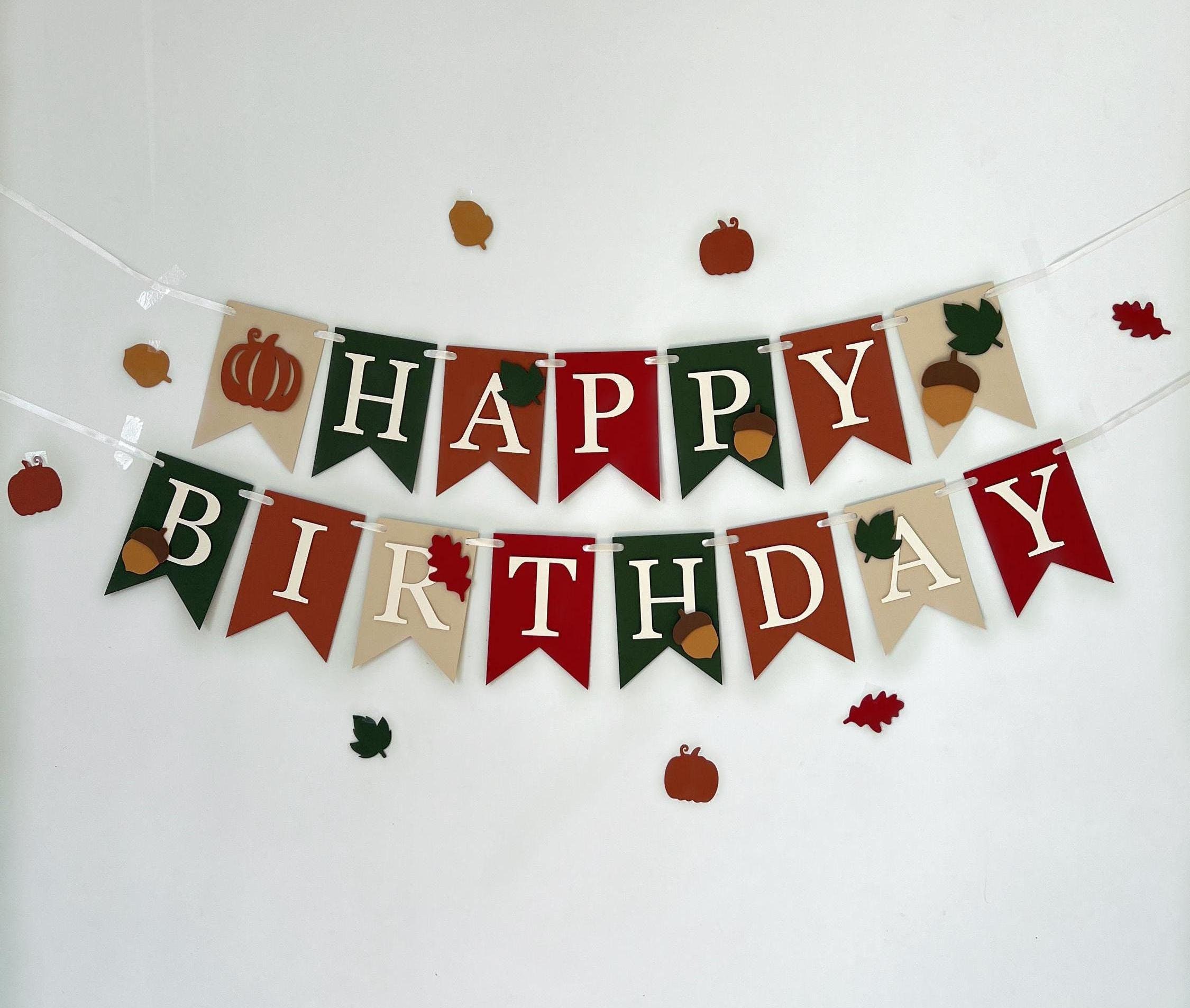 Autumn Birthday Banner, Fall Themed Decorations, Pumpkin and Leaves ...