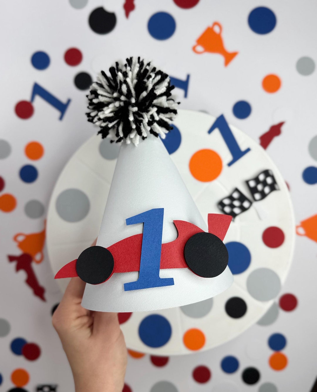 Fast One Party Hat, Racecar Birthday Hat, Gray Hat With Blue Number ...