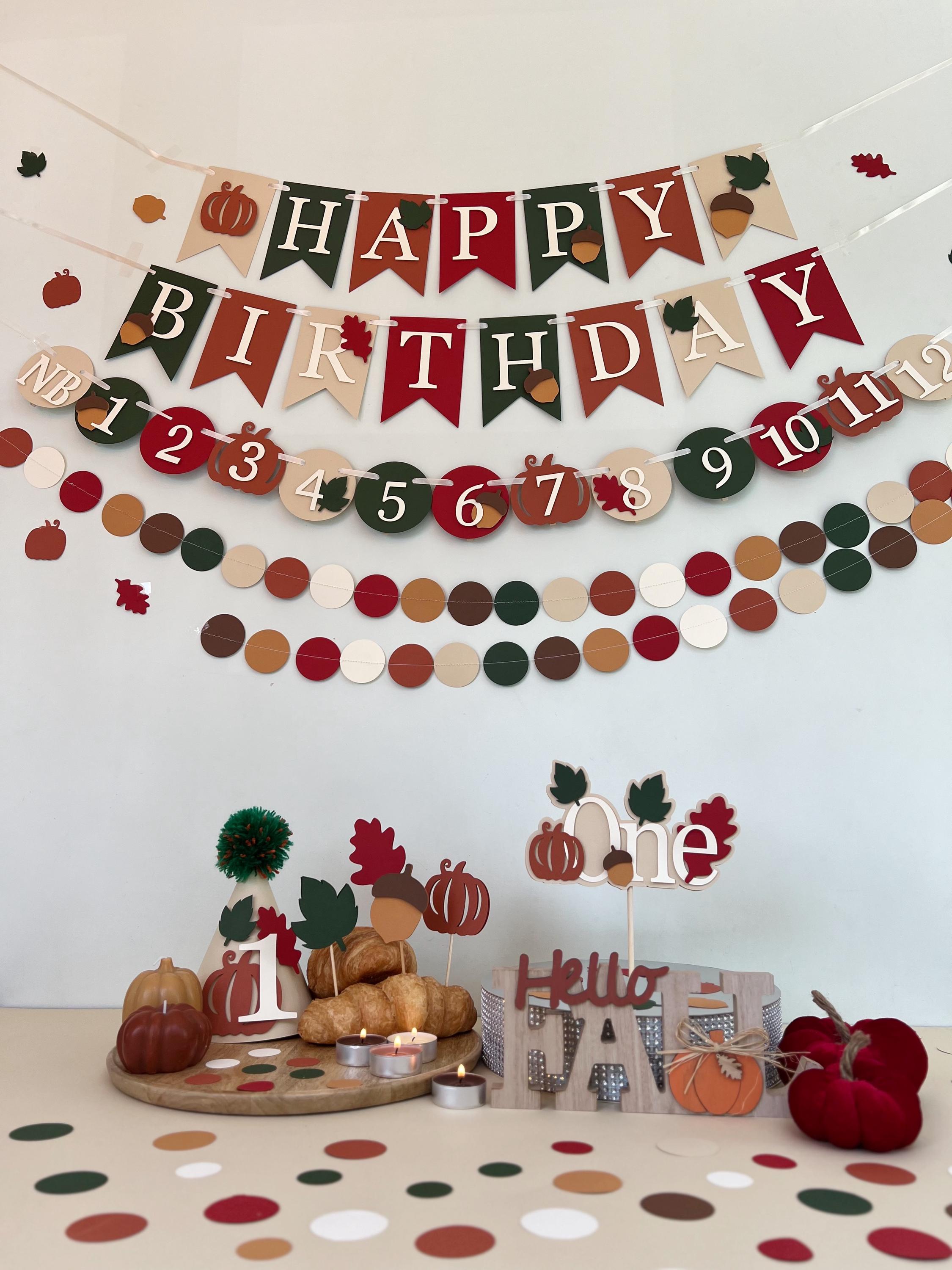 Autumn Birthday Banner, Fall Themed Decorations, Pumpkin and Leaves ...