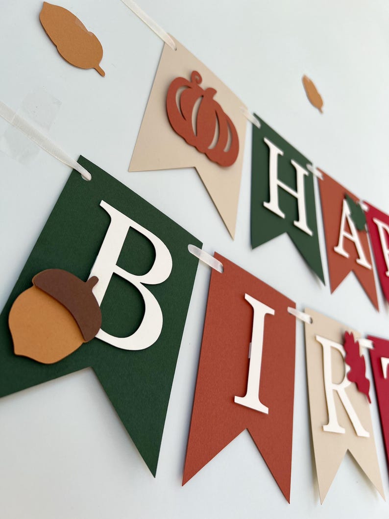 Autumn Birthday Banner, Fall Themed Decorations, Pumpkin and Leaves ...