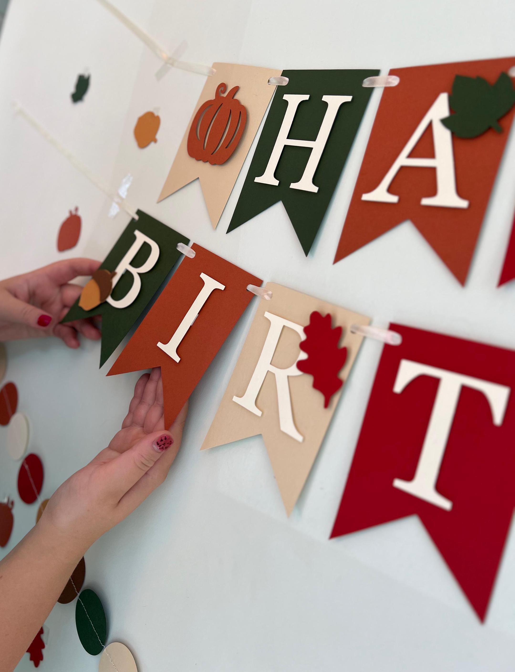 Autumn Birthday Banner, Fall Themed Decorations, Pumpkin and Leaves ...