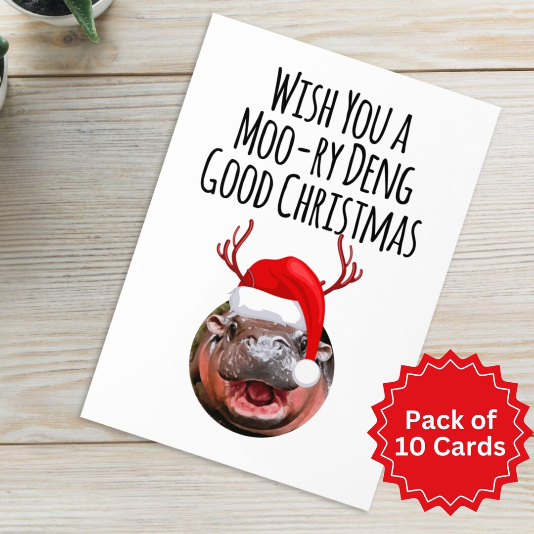 Cute Baby Hippo Moo Deng Christmas Greeting Card Wish You A Moo-ry Deng ...