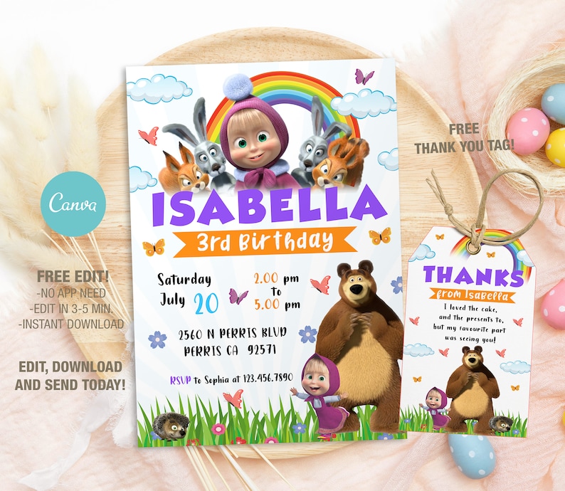 Editable Masha and the Bear Birthday Invitation Template, Printable ...