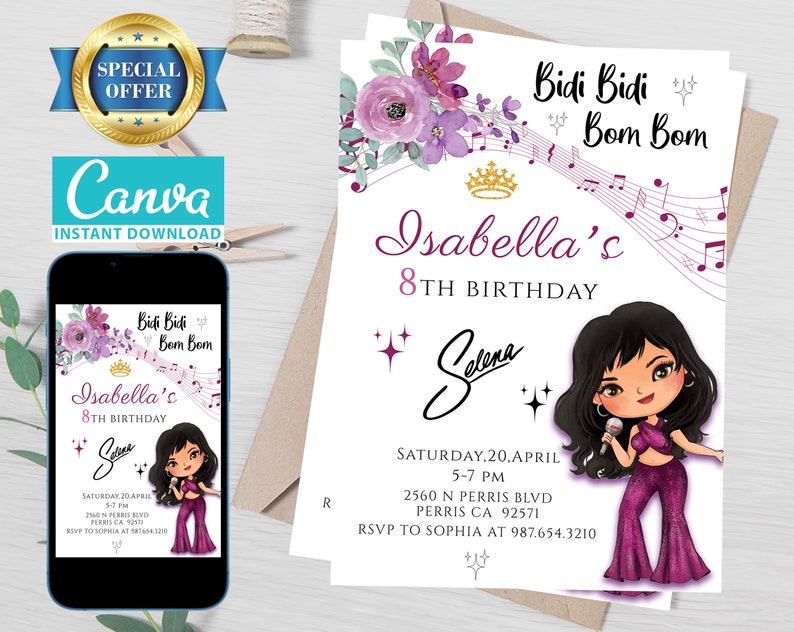 Editable Selena Birthday Invitation Template, Printable Birthday Party ...