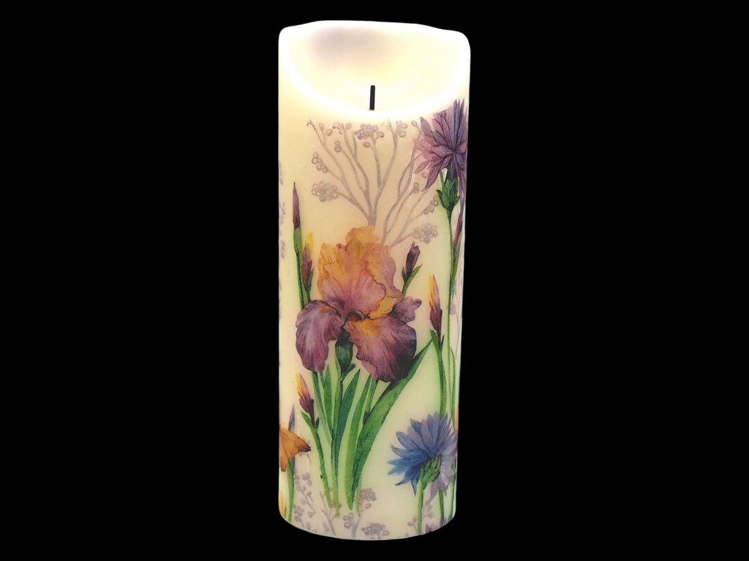 Iris Flowers Flameless Candle • 3"×8" • Botanical Wax LED Candles ...