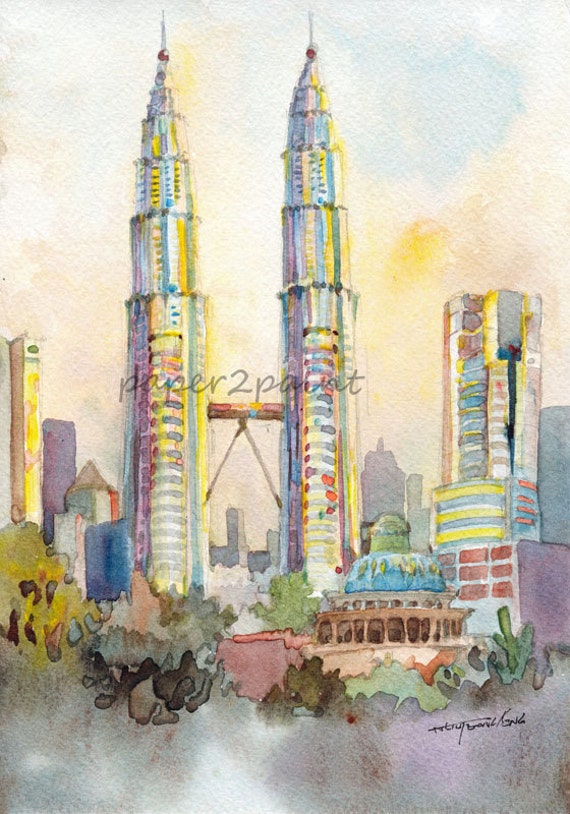 Items similar to Twin Tower KLCC Malaysia watercolor Digital Download ...