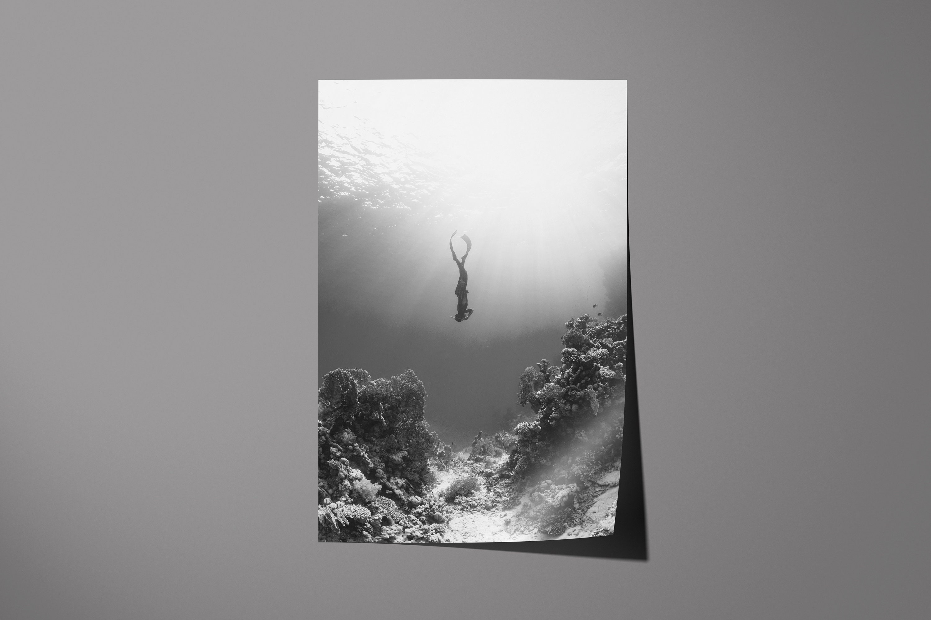 Scuba Diver Underwater Print, Diving Black and White Wall Art ...