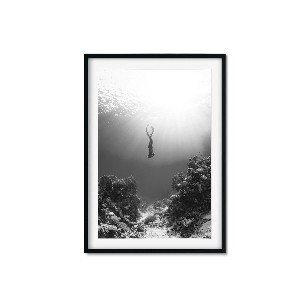 Scuba Diver Underwater Print, Diving Black and White Wall Art ...